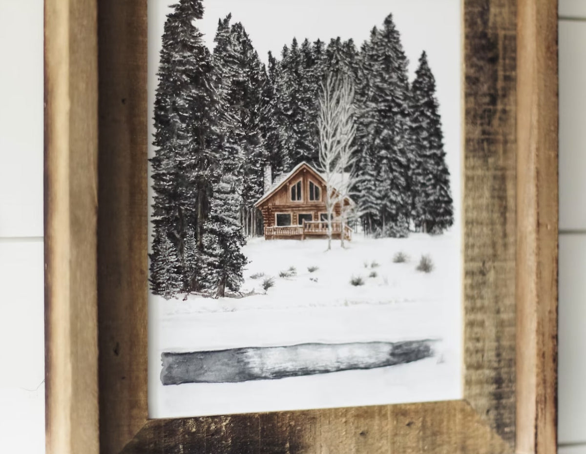Framed 8 x 10 Snowy Cabin Print | CA89 Home