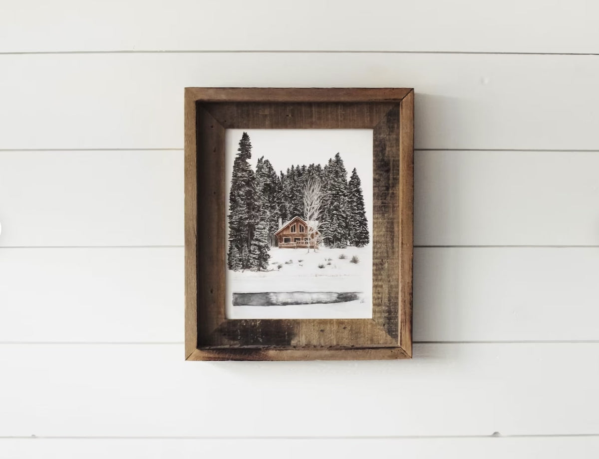Framed 8 x 10 Snowy Cabin Print | CA89 Home